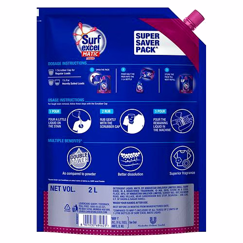 Hul Surf Excel Matic Liquid Detergent Pouch for Front Load Machines - 2 Ltr