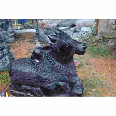 Gonasika Black Muguni Stone Big Nandi Statue - Hand-Carved Lord Shiva Idol
